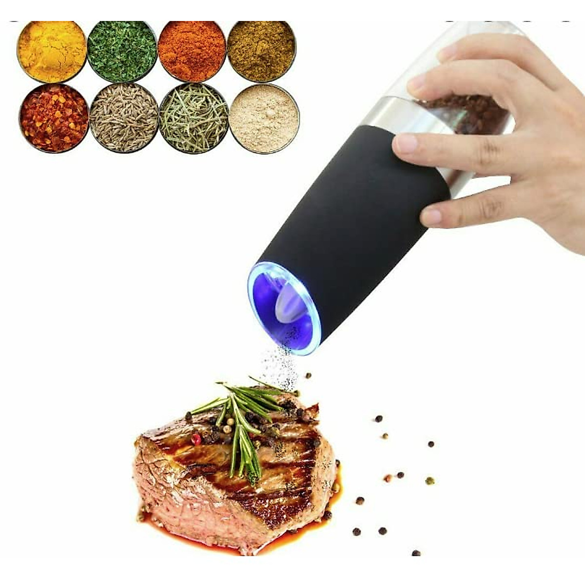 Electric Salt & Pepper Grinders - Black One Hand Grinder - Gifts for Him, Gifts for Home, Stocking Stuffer - 2 Pack