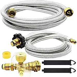 GardenNow Upgraded Propane Brass 4 Port Tee Kit Propane Brass Tee Adapter Kit with 5FT and 12FT Stainless Braided Hoses Allow for Connection Between Auxiliary Propane Cylinder and Propane Appliances