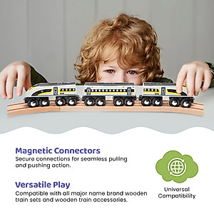Maxim Enterprise, inc. Wooden Bullet Train, Wooden Train Set of 2 Modern Engines 1 Sleek Passenger Car with Magnetic Connectors, Compatible with Thomas & Friends, BRIO, Other Major Brands
