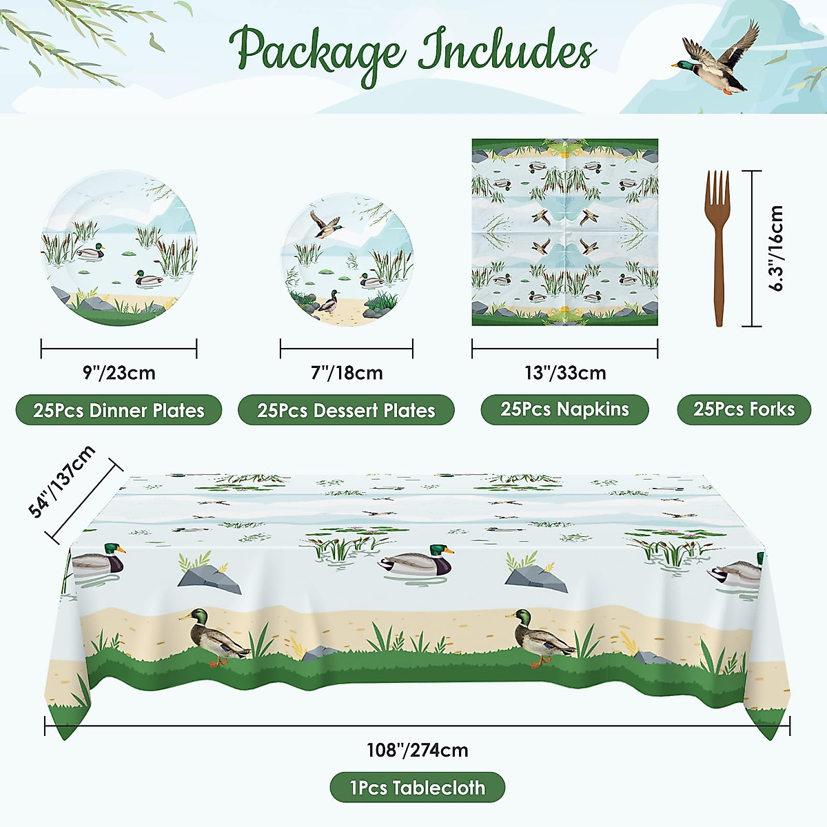 101 Pcs Mallard Duck Party Decorations Tablecloth Tableware Set, Mallard Duck Theme 1st Birthday Party Decor, One Lucky Duck Party Supplies, Duck Hunting Party Plates Napkins for Baby Shower, Serve 25