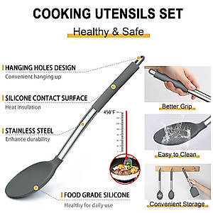 Silicone Kitchen Utensils Set, E-far 30-Piece Cooking Utensils Set with Holder, Heat Resistant Kitchen Spatulas Turner Tong Spoon Whisk Ladle for Nonstick Cookware, Stainless Steel Handle (Gray)