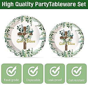 168Pcs God Bless Plates and Napkins Baptism Tableware Set First Holy Communion Party Decorations Mi Bautizo Eucalyptus Leaves Sage Paper Plates Christening Celebration Baby Shower Supplies,Serve 24