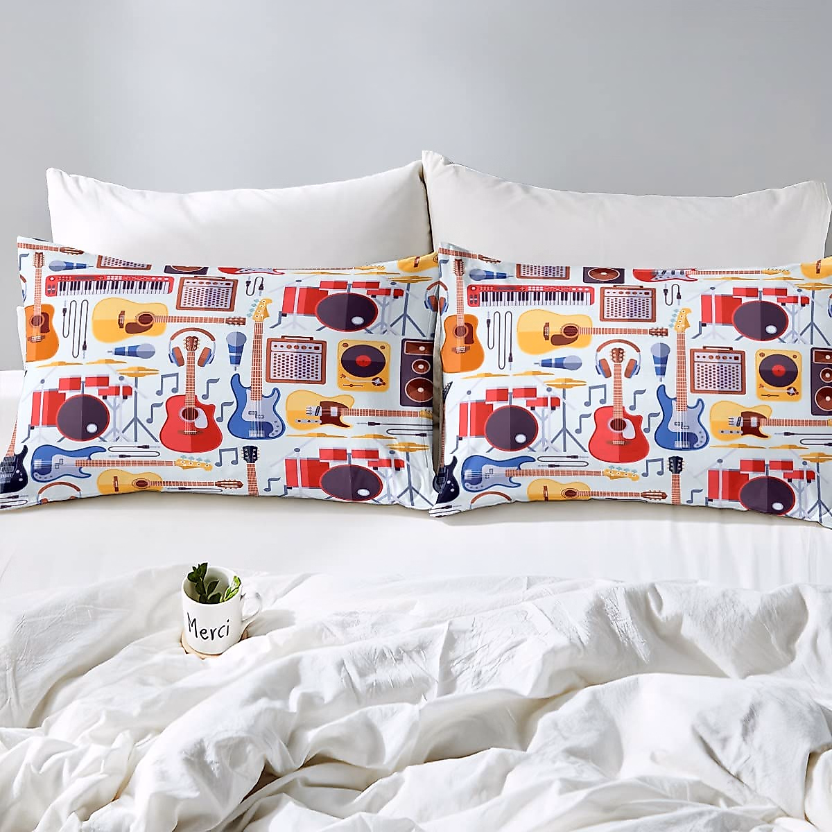 Manfei Musical Kids Fitted Sheet Twin Size, MusicalGuitar Radio Drum Kit Headset Print Bedding Set 2pcs for Boys Girls, Rock Music Bed Cover with 1 Pillowcase, Soft Polyester Bedding, No Top Sheet