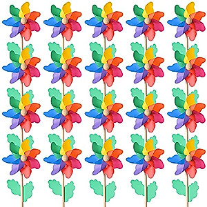 Jucoan 20 Pack Rainbow Pinwheels, 9.8 Inch Plastic Colorful Windmills with Wood Sticks, Pre-Assembled Party Favor Wind Spinners for Garden, Yard Decoration.