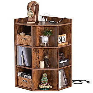 Aoxun Corner Storage Cabinet with Charging Station,USB Ports and Outlets, Triangle Corner Cube Storage for Small Space, Wooden Corner Cubby Bookshelf with 9 Cubes for Bedroom, Living Room, Brown