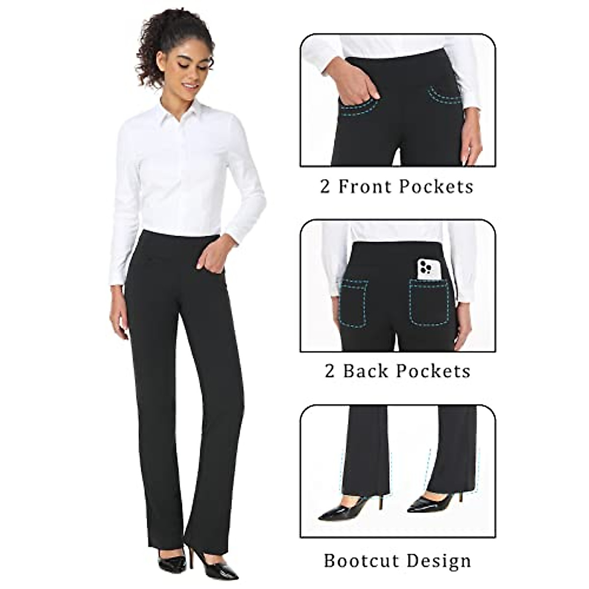 Safort 28" 30" 32" 34" Inseam Regular Tall Bootcut Yoga Pants, 4 Pockets, UPF50+, Black, L