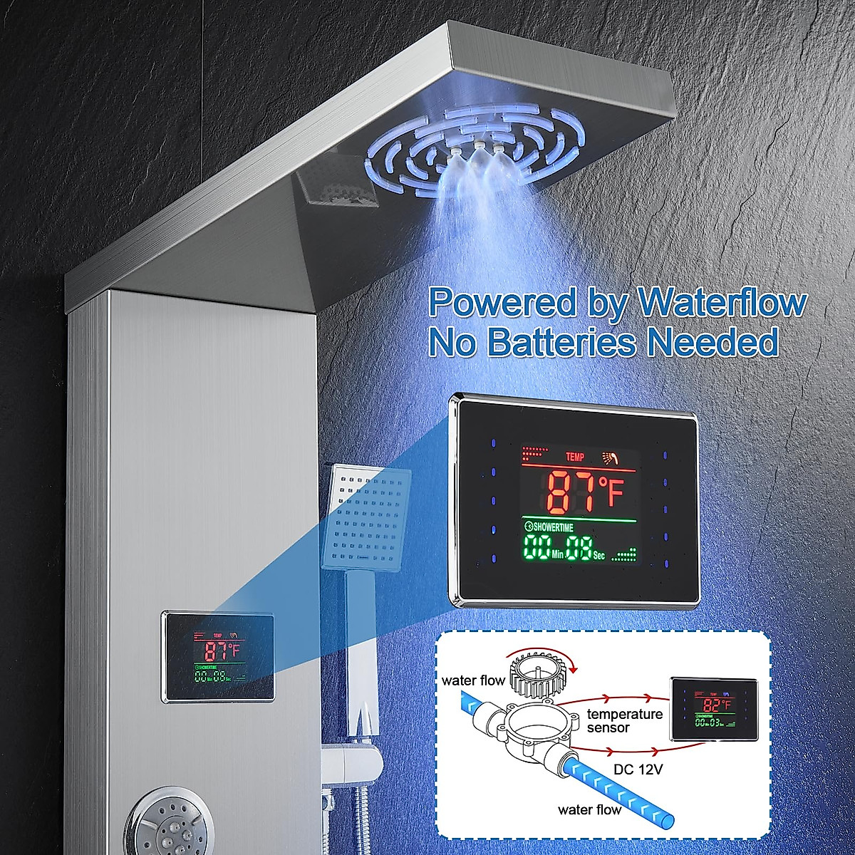 OUGOO Shower Panel System with LED Lights Rainfall Mist Shower, Body Jets, Handheld and Tub Spout, Shower Tower Column with Temp Display No Battery Needed, 304 Stainless Steel Brushed