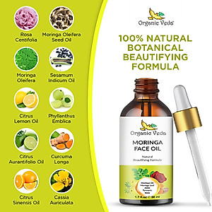 Organic Veda Moringa Face Oil with Dropper - 100% Natural Moringa Seed Oil with Turmeric & Rose Extract for Soft & Radiant Skin - Anti-aging, Reduce Wrinkles, Minimize Age Spots - 50ml (1.7 fl.oz)