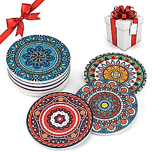 Coasters for Drinks,AODINI Set of 8 Absorbent Stone Coasters for Wooden Table, Mandala Ceramic Coasters with Cork Base, Gift for Housewarming Birthday and Family - Great Home and Dining Room Decor