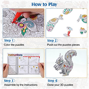 Syhood 36pcs 3D Coloring Puzzle Set Animal Painting Puzzle Crafts for Girls Set Include 12 Creative DIY Painting with 24 Coloring Pens for Boys and Girls Educational Birthday Gift Supplies