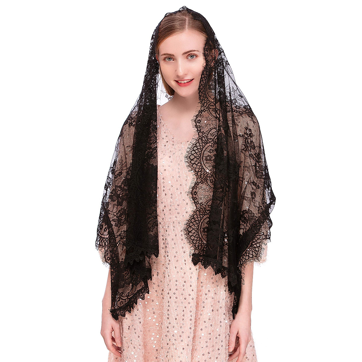PAMOR Rectangular Chapel Veil Spanish Lace Floral Mantilla Veils Wrap Shawl Mass Head Covering (Black)