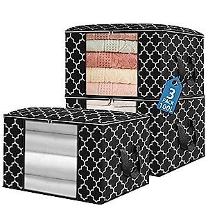 QYQBOON Large Clothes Storage Bags 100L Storage Bins Organizer Clothing Thicken Storage Containers for Comforter Blanket Bedding, Foldable with Reinforced Handle, Clear Window, Sturdy Zippers, 3 Pack…