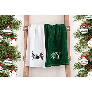 American Soft Linen Christmas Towels Bathroom Set, 2 Packed Embroidered Decorative 100% Turkish Cotton Hand Towels, Dish Towels for Decor Xmas, Joy-Believe