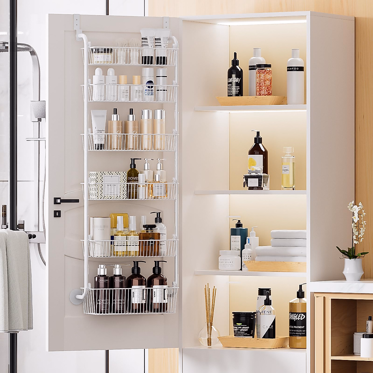 Over the Door Pantry Organizer, W17.5inch Wider Metal Over the Door Organizer, 6-Tier Pantry Door Organizer Spice Rack for Easy Install, 60 LBS Load Over the Door Storage, L17.5W6.7H53.7inch, White