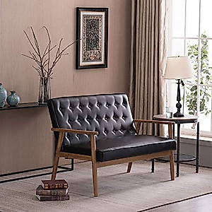 EPOFIT Modern Solid Wood Loveseat Sofa, Upholstered Faux Leather Love Seat, Small Couch 2 Seater with Wooden Arm for Living Room, Bedroom, Small Spaces, Office, Black