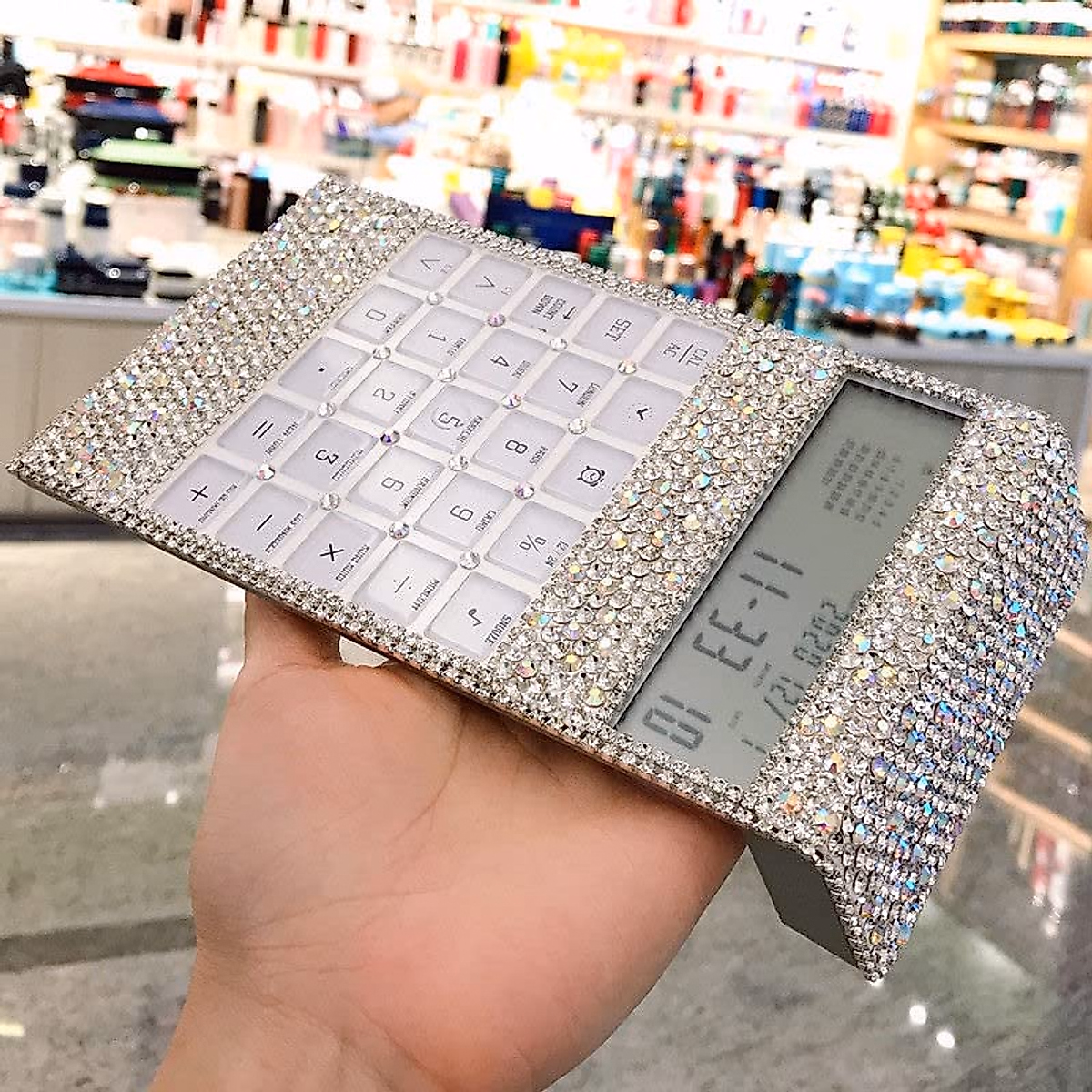 Glitter Calculator Silver Calculators Sparkle Bling Rhinestone Caiculator Office Home Electronics Diamond Desktop Calculator Solar Power 12 Digits Tilted LCD Display