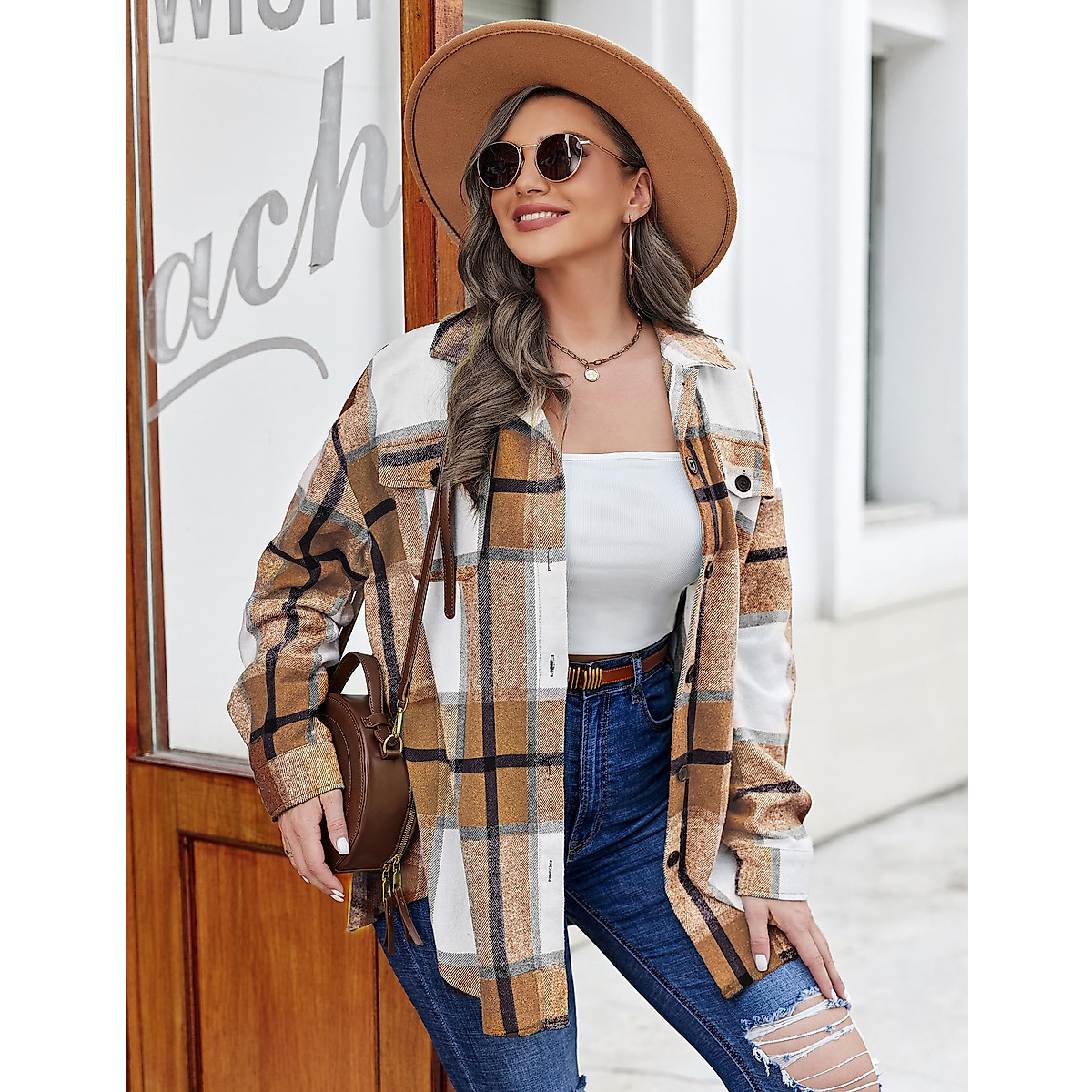 IN'VOLAND Women's Plus Size Flannel Plaid Shacket Casual Button Down Long Sleeve Flannel Shirts Lapel Fall Brown Jacket 20W