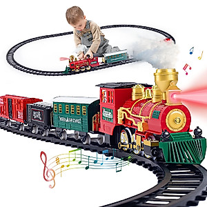 Kids Train Set, Christmas Train Set for Under The Trees, Electric Train Toys for Boys Girls with Steam Locomotive, Passenger Cars, Cargo Cars, Sounds & Lights, for 3 4 5 6 7 8+ Years O