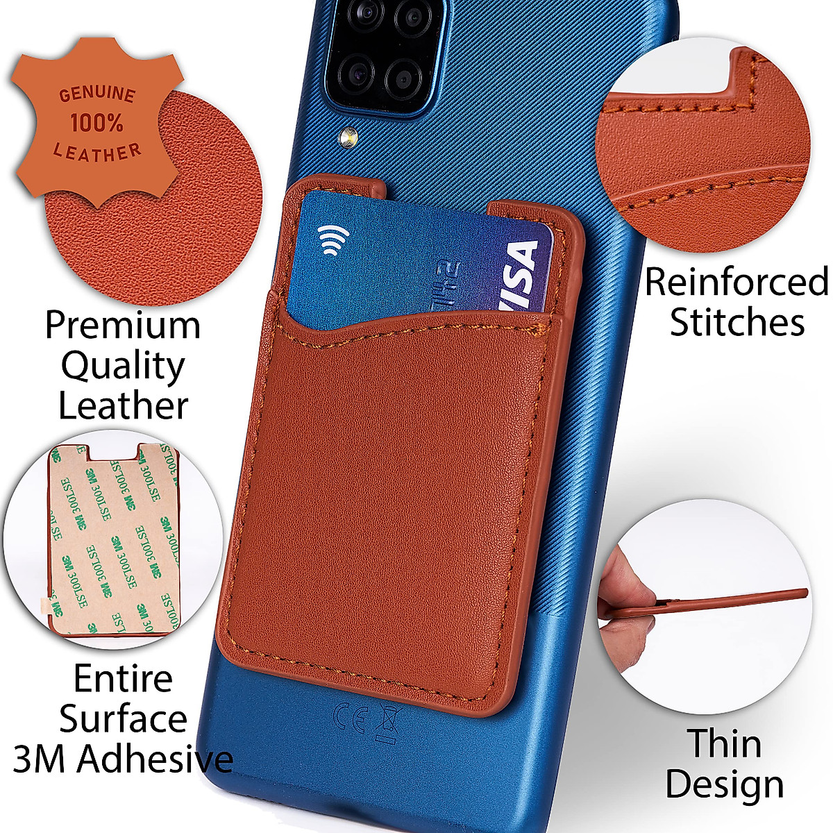 dizzy creek designs Premium Brown Leather Phone Wallet - 3.5"x3.7" Card Holder Stick on Wallet for iPhones and Android Smartphones - Easy to Attach