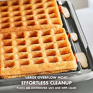 GreenPan Elite 4-Square Belgian & Classic Waffle Iron, Healthy Ceramic Nonstick Aluminum Dishwasher Safe Plate, Adjustable Shade/Crunch Control Wont Overflow Easy Clean,Breakfast,PFAS-Free,Oxford Blue