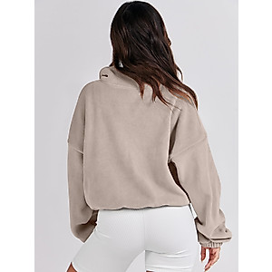 ANRABESS Women's Sweatshirts Full Zip Up Bomber Jacket Oversized Fleece Crop Sherpa Coat Long Sleeve High Neck Teddy Winter Pullover Active Sport Tops Outwear 1097 M, Khaki