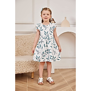 PATPAT Toddler Girl Dress Little Girls Ruffle Sleeve Casual Sundress Leaf Print A-Line Dress White 18-24 Months