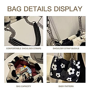 Women Girls Furry Shoulder Bag Fluffy Tote Bag Cute flowers Furry Underarm Bag