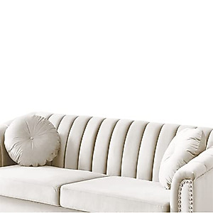 TRIPLE TREE Velvet 3 Seat Sofa Couch with 2 Pillows, Upholstered Tufted Back Sofa Couch with Nail Arms and Solid Wood Legs for Living Room, Compact Living Space, Apartment, Bonus Room, Beige