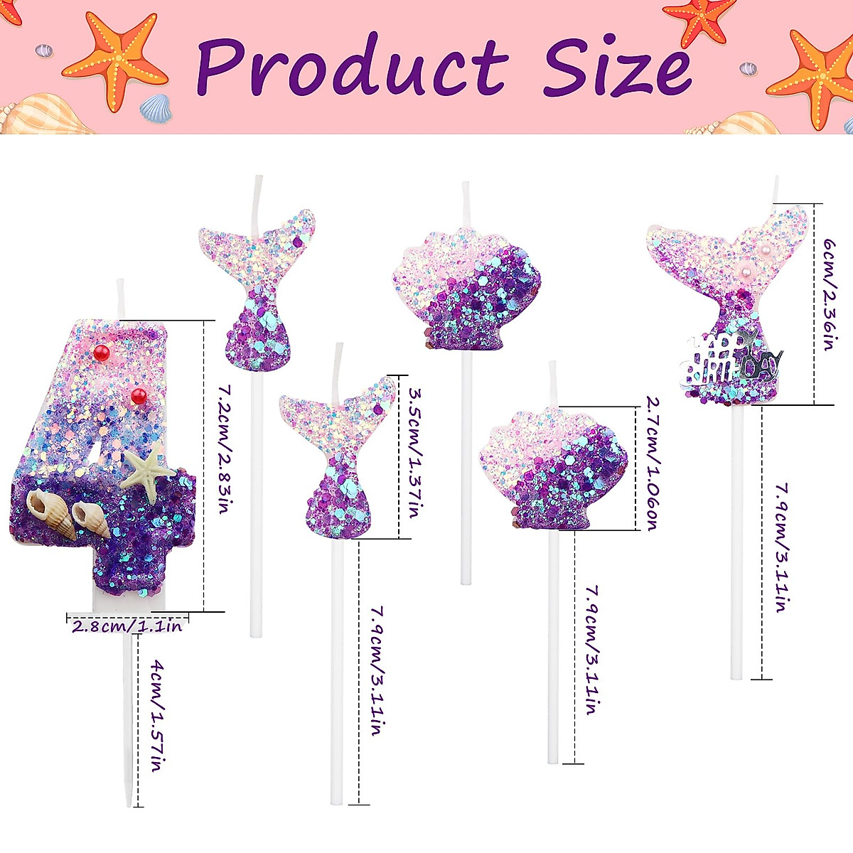 QEEYON 6Pcs Birthday Candles 2.5 inch Mermaid Theme Birthday Cake Candles 1Pcs Number 4 Candle 3Pcs Mermaid Tail Candles 2Pcs Shell Candles for Mermaid Party Birthday Cake Topper Decor