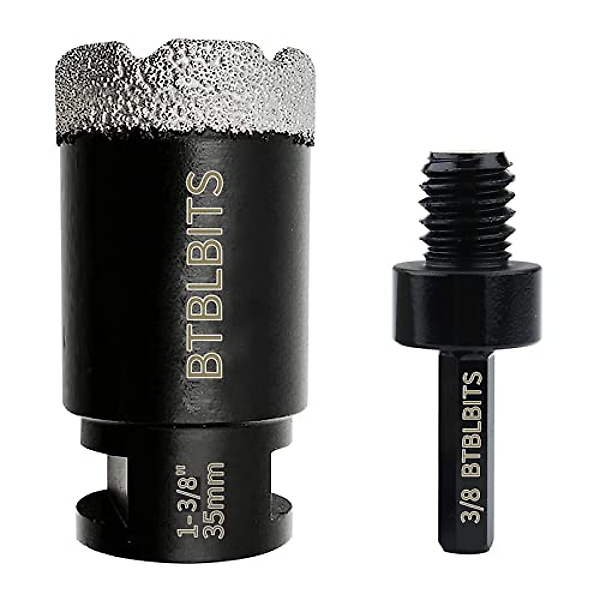BTBLBITS Dry Diamond Core Drill Bit 1-3/8 Inch (35mm) Tile Diamond Hole Saw for Angle Grinder Porcelain Ceramic Marble Brick Granite Vacuum Brazed with 5/8-11 Thread Plus 3/8 Inch Hex Shank Adapter