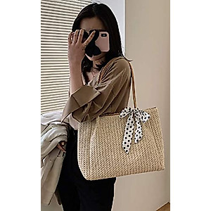 Obosoyo Straw Bags for Women Beach Bags Bowknot Shoulder Bags Straw Purse Summer Woven Bags (Beige White)