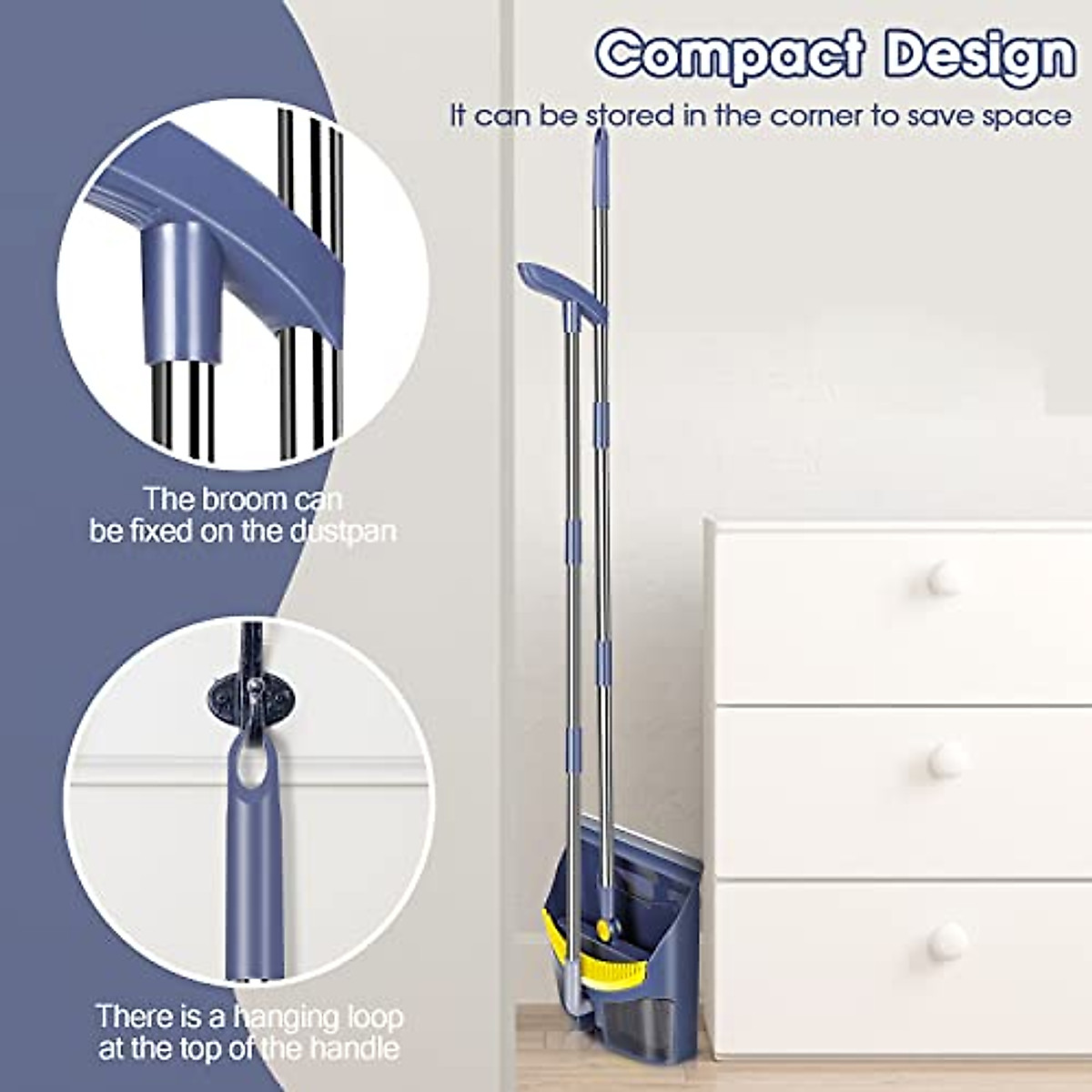 Almcmy Broom and Dustpan Set, Broom with Dustpan Combo Set, 47" Long Handle, Stand Up Dust Pan with Comb Teeth, Standing Dustpan and Broom Set for Sweeping Indoor Lobby Office Kitchen