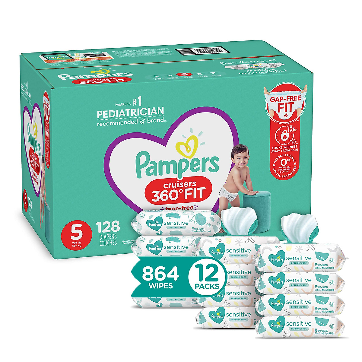 Diapers Size 5, 128 Count and Baby Wipes - Pampers Pull On Cruisers 360° Fit Baby Diapers with Stretchy Waistband, ONE Month Supply with Sensitive Wipes, 12X Pop-Tops, 864 Count