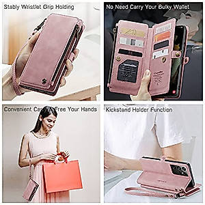 Defencase Galaxy S21 Ultra Wallet Case, PU Leather Magnetic Flip with Lanyard, Zipper Card Holder, Rose Pink