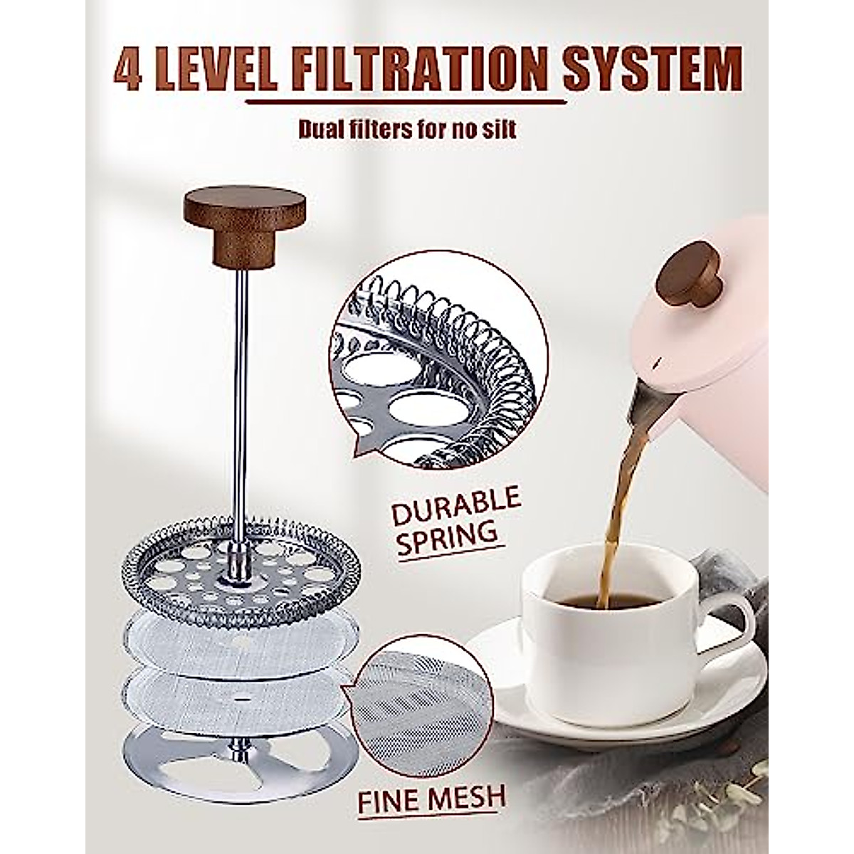 POLIVIAR French Press Coffee Maker, 34 Ounce Coffee Press with Real Wood Handle, Double Wall Insulation & Dual- Filter Screen, Food Grade Stainless Steel for Good Coffee and Tea JX2020-FPP