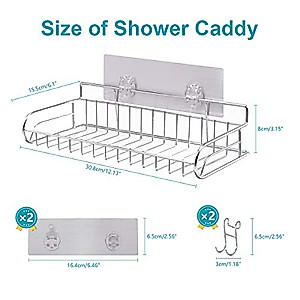 GEMITTO Shower Caddy, SUS304 Stainless Steel Self-Adhesive Bathroom Organizer Rack with 2 Stickers+2 Hooks, No Drilling for Shampoo Conditioner Kitchen Spice Storage Silver