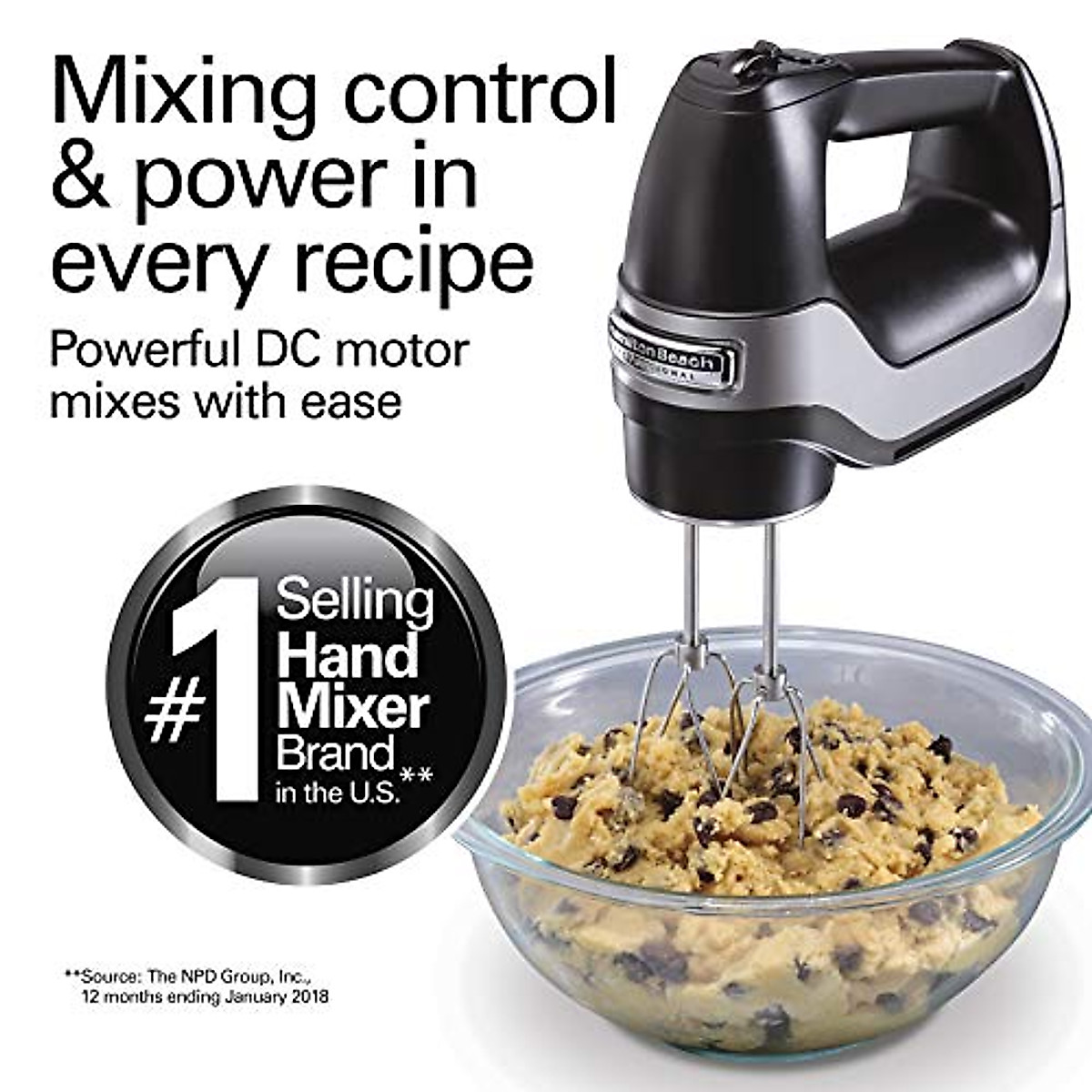 Hamilton Beach Professional 5-Speed Electric Hand Mixer with High-Performance DC Motor, Slow Start, Snap-On Storage Case, Stainless Steel Beaters & Whisk, Black (62651)