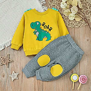 12-18 Months Boy Clothes Toddler Baby Infant Fall Winter Outfits Cute Dinosaur Cartoon Tops+Pants Set,Yellow boys outfit 12-18 months/80cm