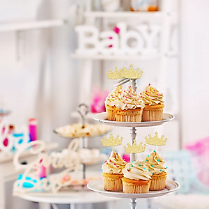 24Pcs Crown Cupcake Toppers Glitter Queen Crown Cupcake Picks for Queen Princess Theme Baby Shower Girls Wedding Birthday Party Cake Decorations Supplies Gold