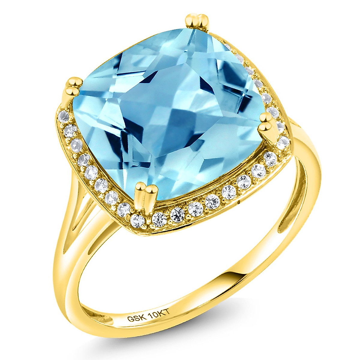 Gem Stone King 10K Yellow Gold Swiss Blue Topaz and White Created Sapphire Ring For Women (8.54 Cttw, Cushion 12MM, Gemstone Birthstone, Available In Size 5, 6, 7, 8, 9)