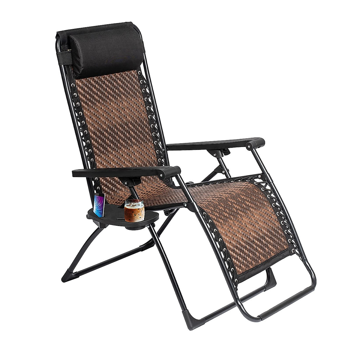 Incbruce Zero Gravity Folding Recliner Chair, Adjustable Patio Lounge Chaise, Outdoor Wicker Rattan Furniture with Cup Holder and Pillow for Poolside, Yard, Beach (Brown)