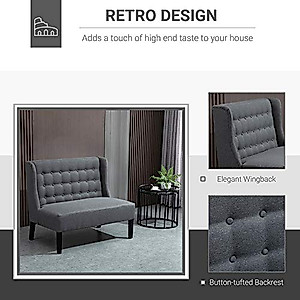 HOMCOM Wingback Double Sofa Linen Fabric Upholstery Button Tufted Loveseat Armless Couch Modern Contemporary Living Room Settee with Wood Legs, Grey