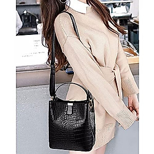 LABANCA Women Retro Alligator Bucket Bags Crocodile Pattern Designer Shoulder Bag Ladies PU Purse Crossbody Wallet Bag, Black