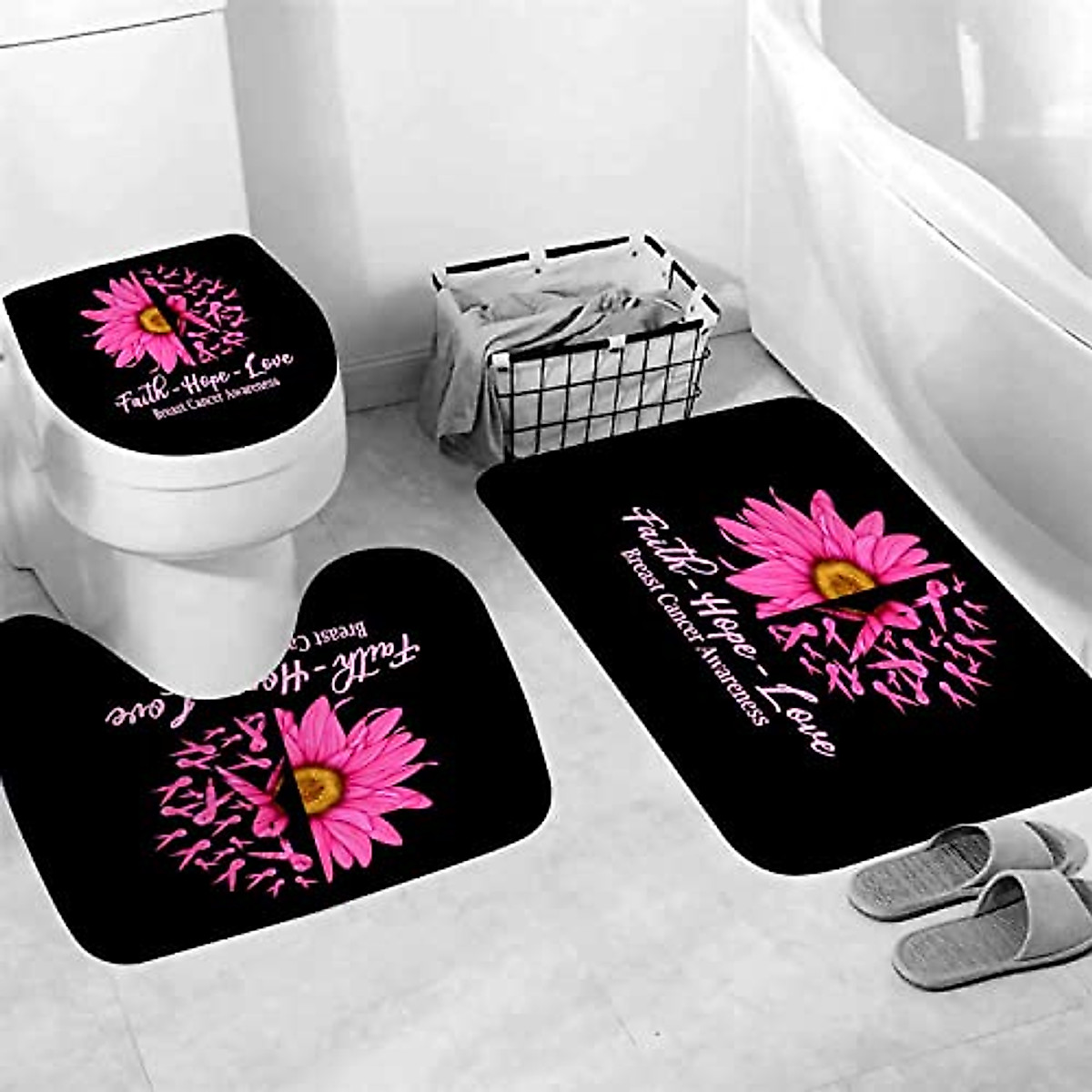 EARVO 4Pcs Breast Cancer Awareness Shower Curtain Curtain Set with Non-Slip Rugs, Toilet Lid Cover and Bath Mat, Pink Ribbon Bath Curtain 71x72 inches 12 Hooks SETYYEA22