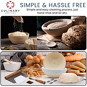 Culinary Couture Proofing Basket Set - Includes 2 Rattan Banneton Baskets & Linen Liners, Metal Scraper, Plastic Scraper, Scoring Lame, Dough Whisk, 5 Blades with Case - Complete Sourdough Starter Kit