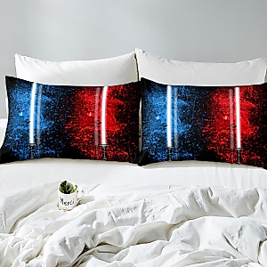 Feelyou Lightsaber King Size Duvet Cover Set for Kids Boys Teens Red Blue Teens Bedding Set Decor Tie Dye Comforter Cover Set Decoration