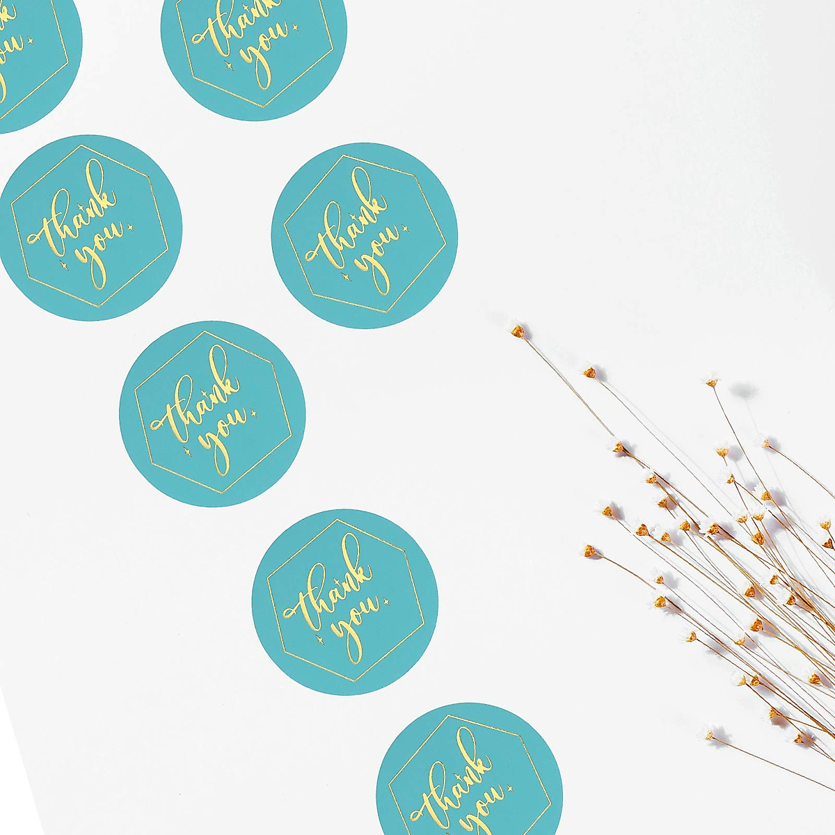 Thank You Stickers Roll - 1.5 inch Blue Thank You Stickers with Teal Base Color, Gold Foil Design, 500 Thank You Stickers for Business, Gift Bags, Envelopes Seals, Mailer Stickers