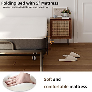 Folding Bed with Mattress - 5.2" Thick Luxurious Memory Foam, 75" Lx31 W, Portable Foldable Roll Away Adults Bed for Guest, Storage Cover Included, Metal Folding Frame, can Hold up to 450 lbs