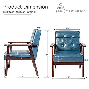 Okeysen Mid Century Modern Accent Chairs, Retro Wood and Leather Armchairs Side Chair, Lounge Reading Comfy Arm Chair for Living Room, Bedroom, Office (Blue)