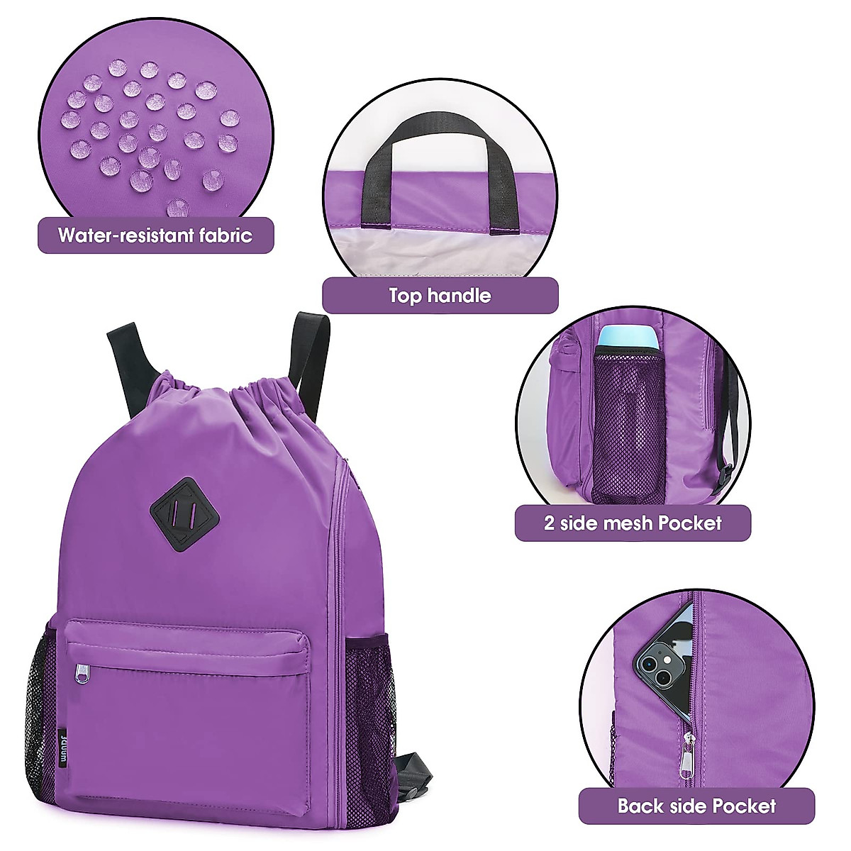 WANDF Drawstring Backpack Sports Gym Bag with Shoes Compartment, Water-Resistant String Backpack Cinch for Women Men(Large,Purple)